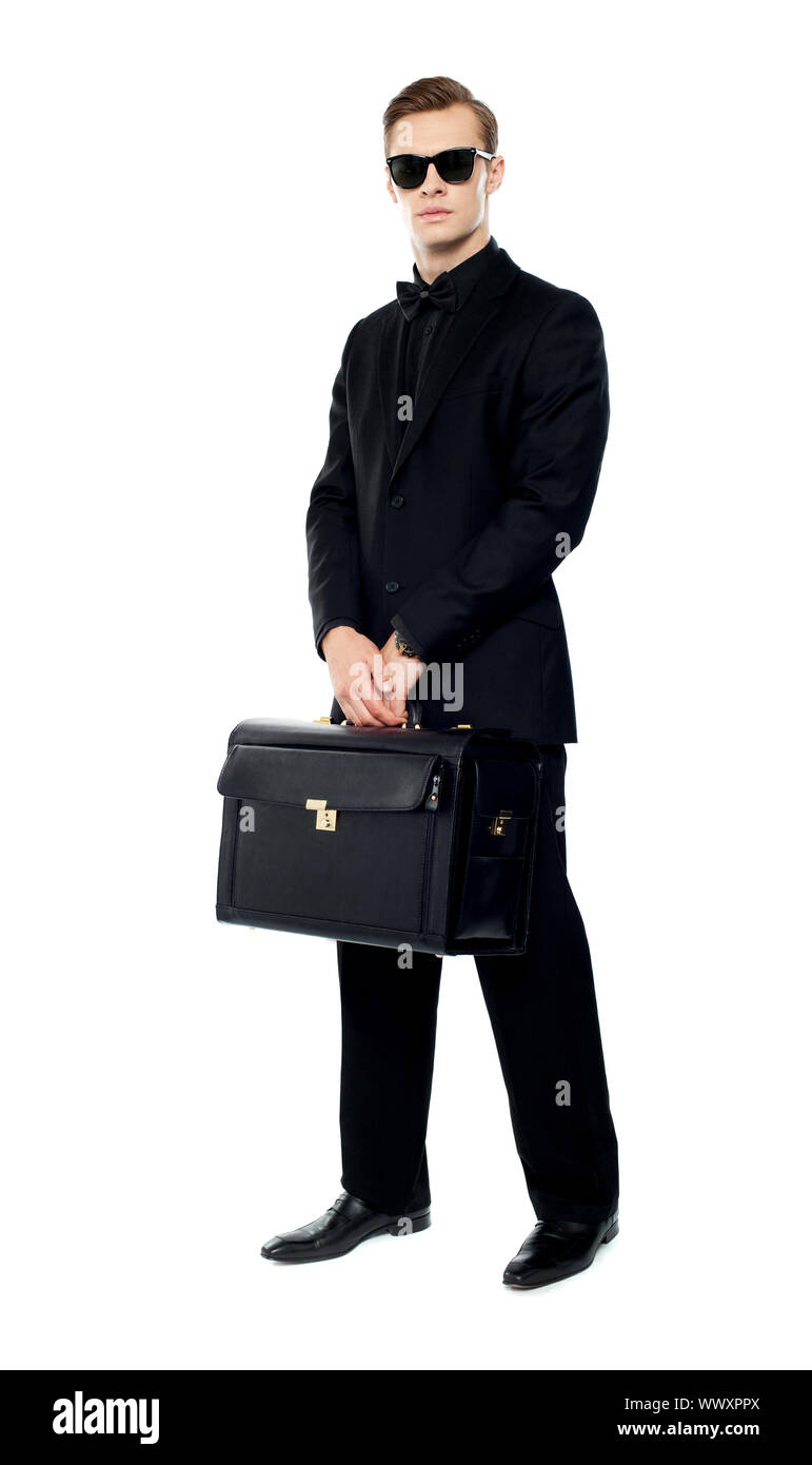 Full length portrait of handsome male with briefcase isolated over ...