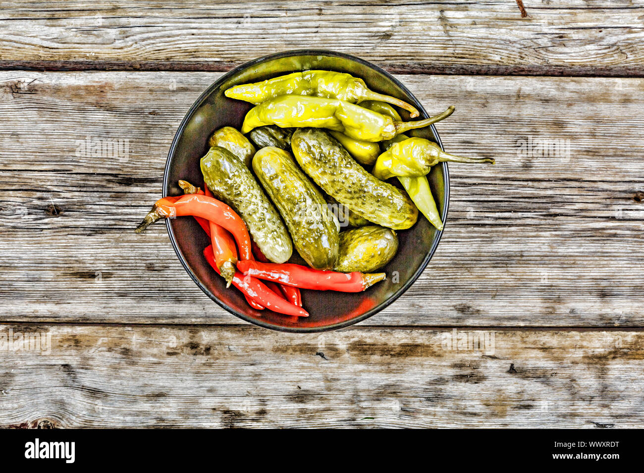 American traditional snack. Pickled cucumbers and salted hot chilli ...