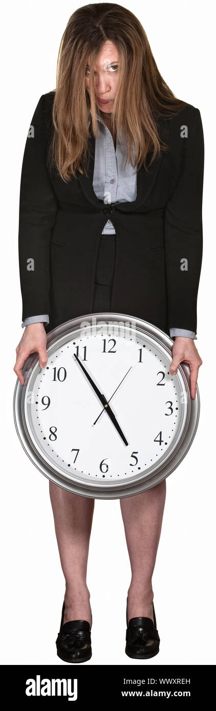 Depressed worker with clock at five over white background Stock Photo ...