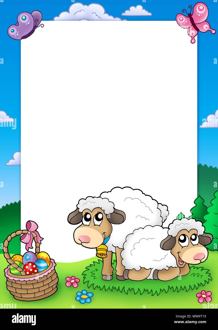 Easter frame with cute sheep - color illustration Stock Photo - Alamy