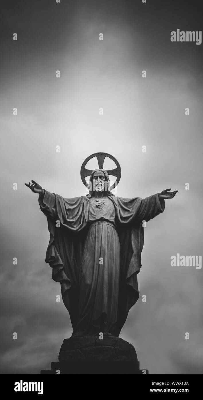 A vertical shot of a statue of the Vietnamese Jesus in black and white ...