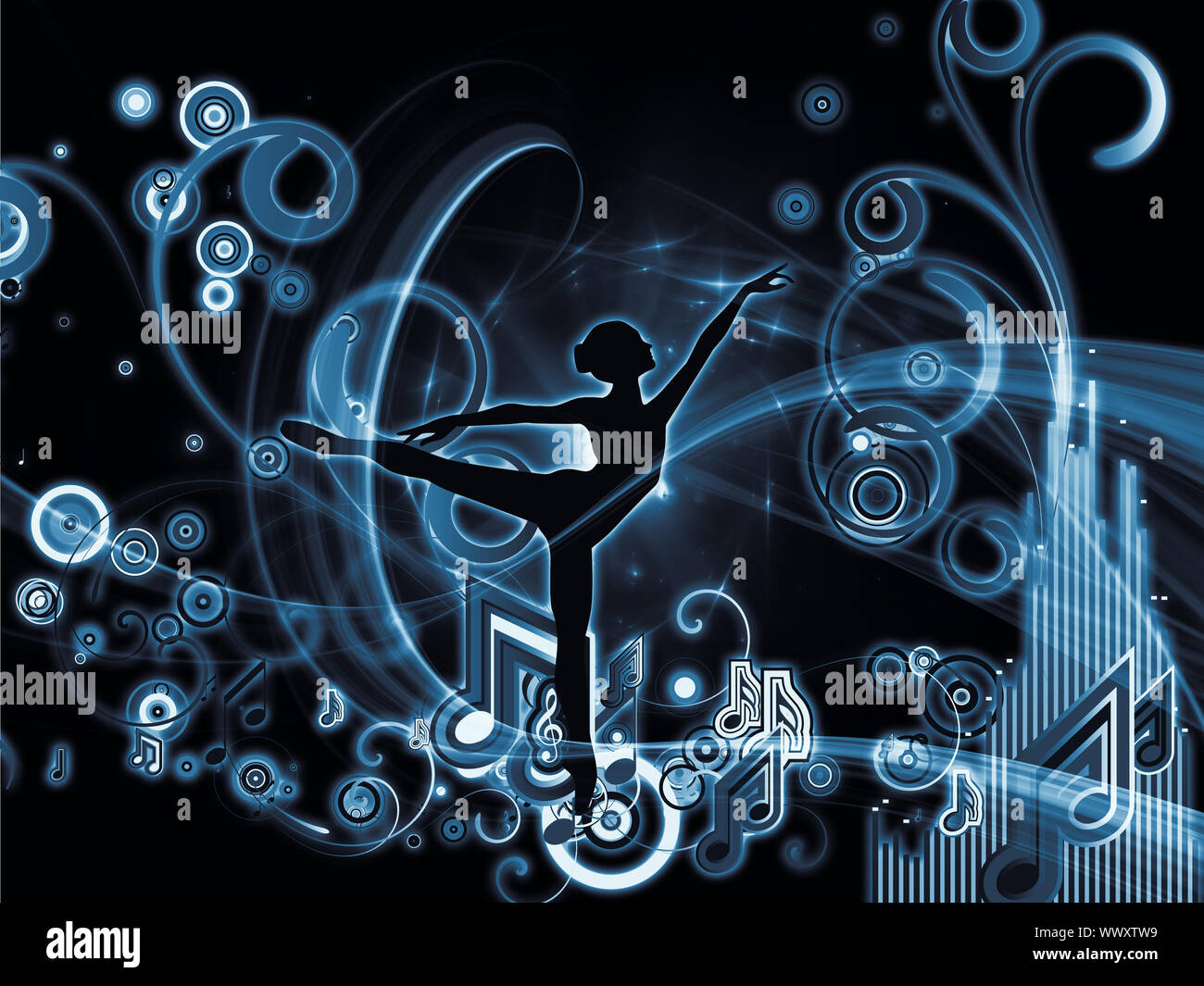 Visually pleasing composition of girl silhouette, notes, lights and ...