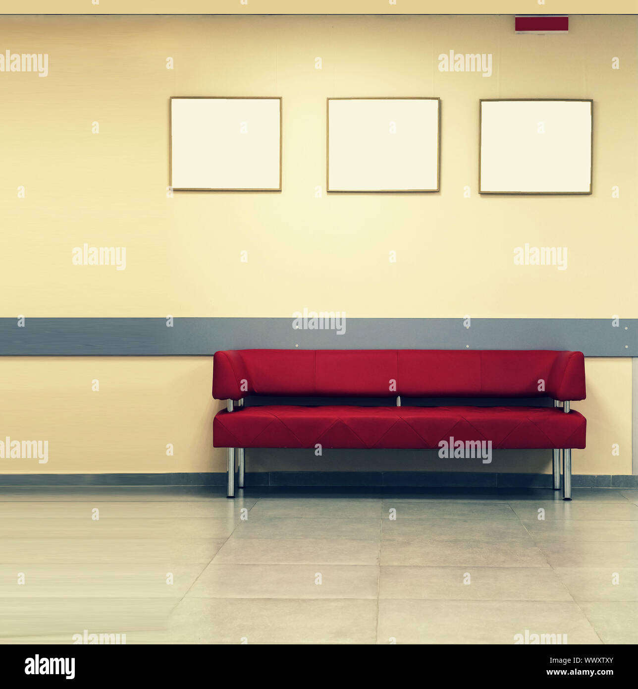Style minimalism. Red Sofa, interior design, office. Empty waiting room ...