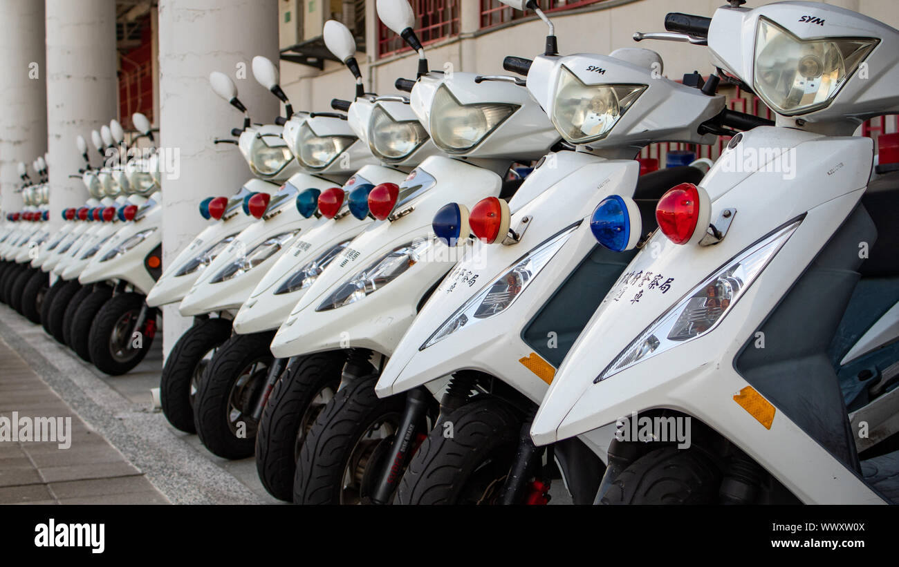 Taipei / Taiwan - August 10 2018: police scooters outside station in ...