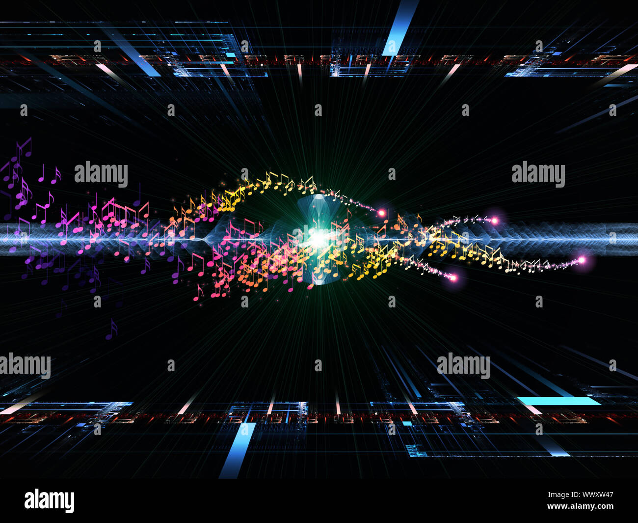Abstract composition of fractal grids, lights and musical notes ...