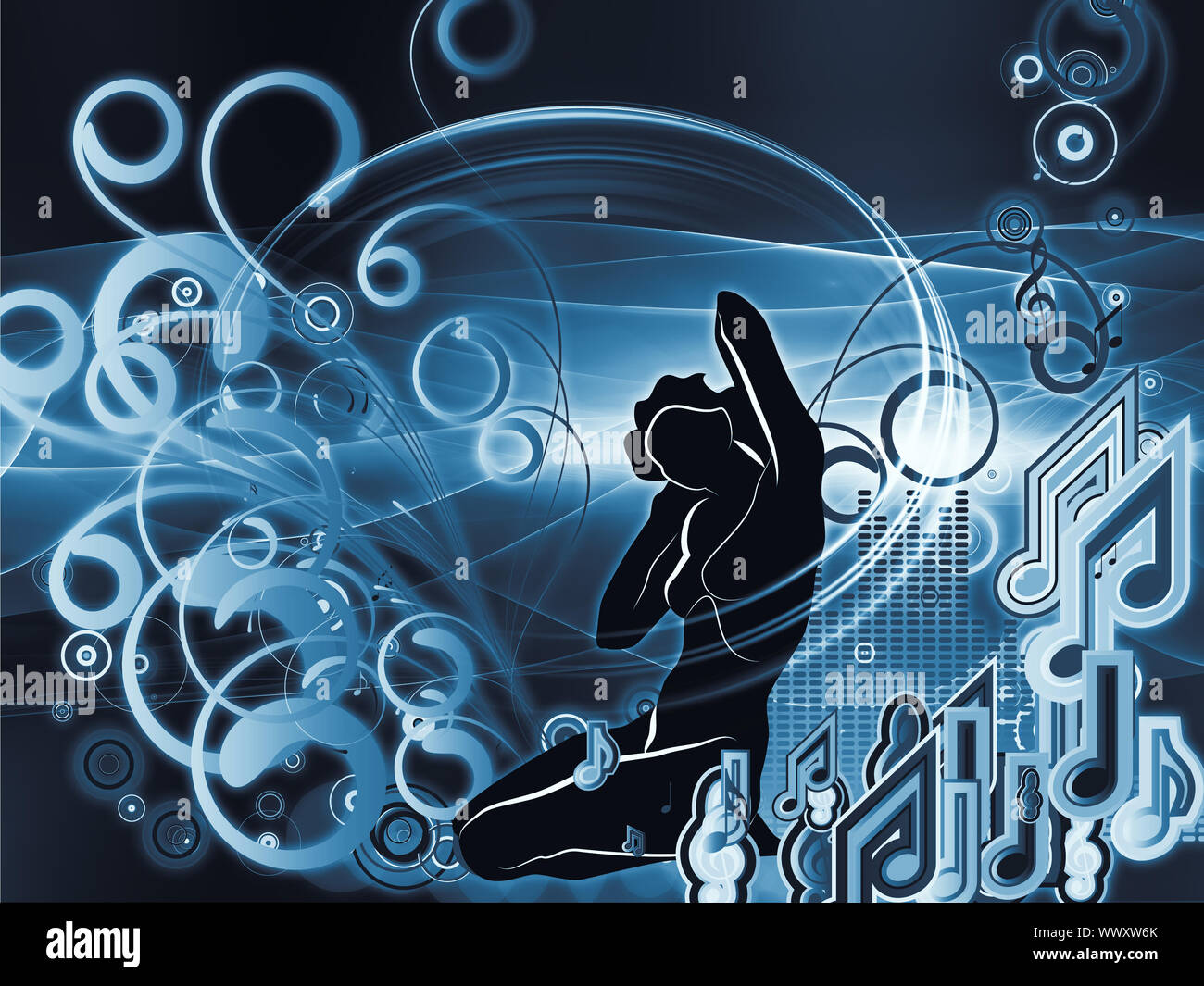 Composition of girl silhouette, notes, lights and abstract design ...