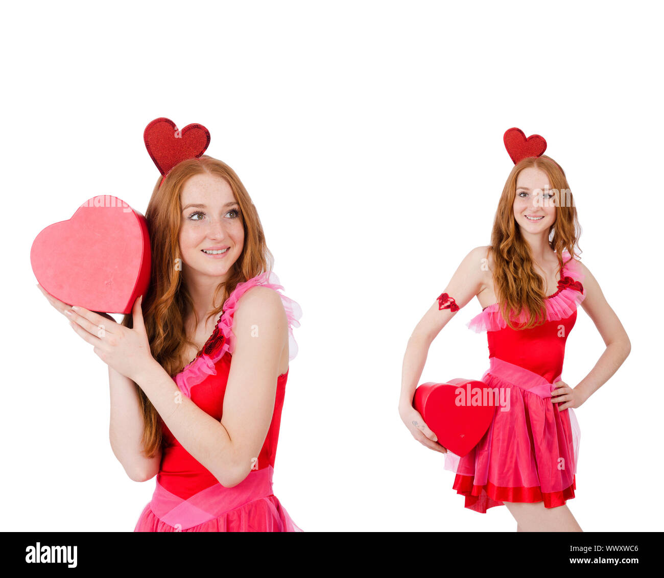 Pretty young model in mini pink dress holding gift box isolated Stock ...