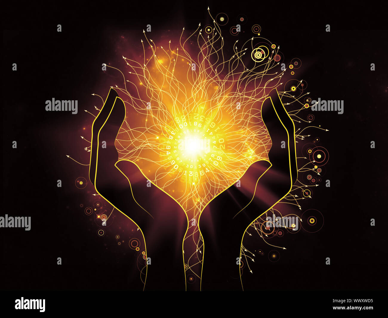 Composition of human hands, technological design and light on the ...