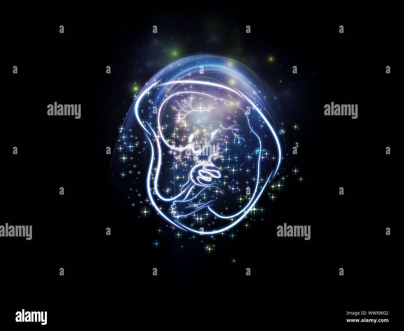 Backdrop composed of drawing of a fetus and abstract design elements ...