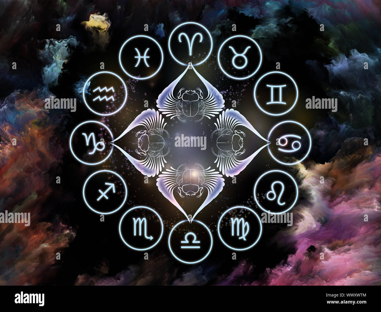 Composition of scarab symbols, shapes and abstract design elements on ...