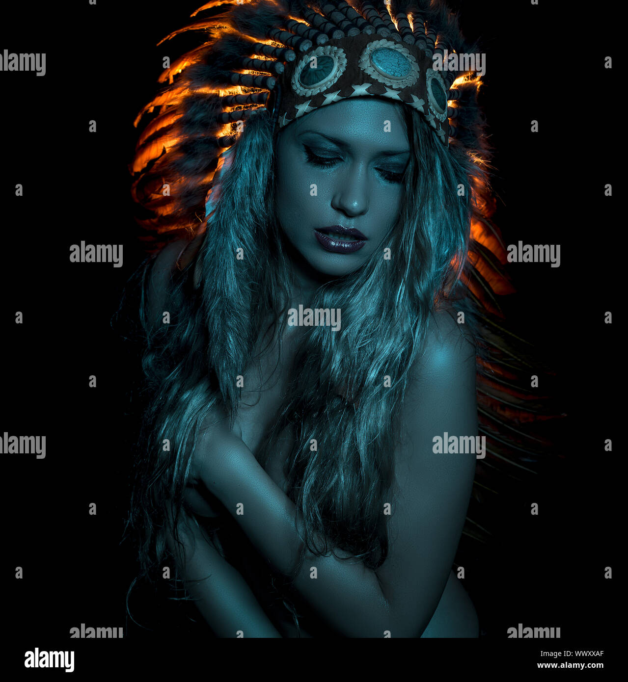 ethnic, beautiful girl with plume of american indian feathers Stock ...