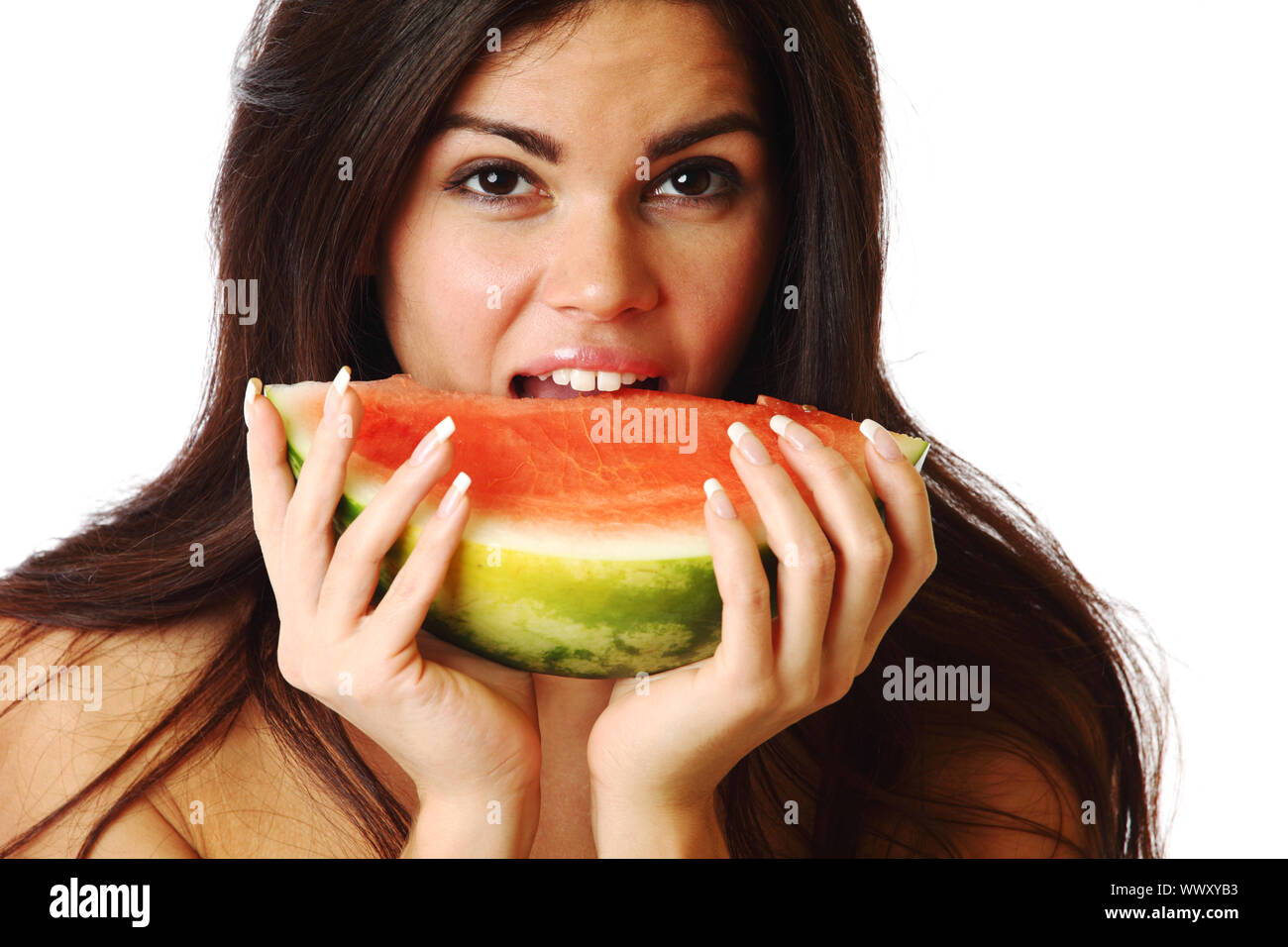 woman hold watermelon in hands isolated on white Stock Photo - Alamy