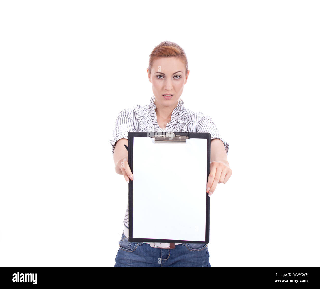 young woman with clipboard isolated on white Stock Photo - Alamy