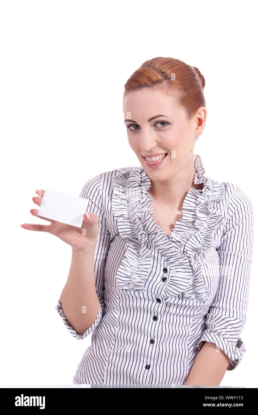beautiful young girl is holding a blank card in hand isolated Stock ...