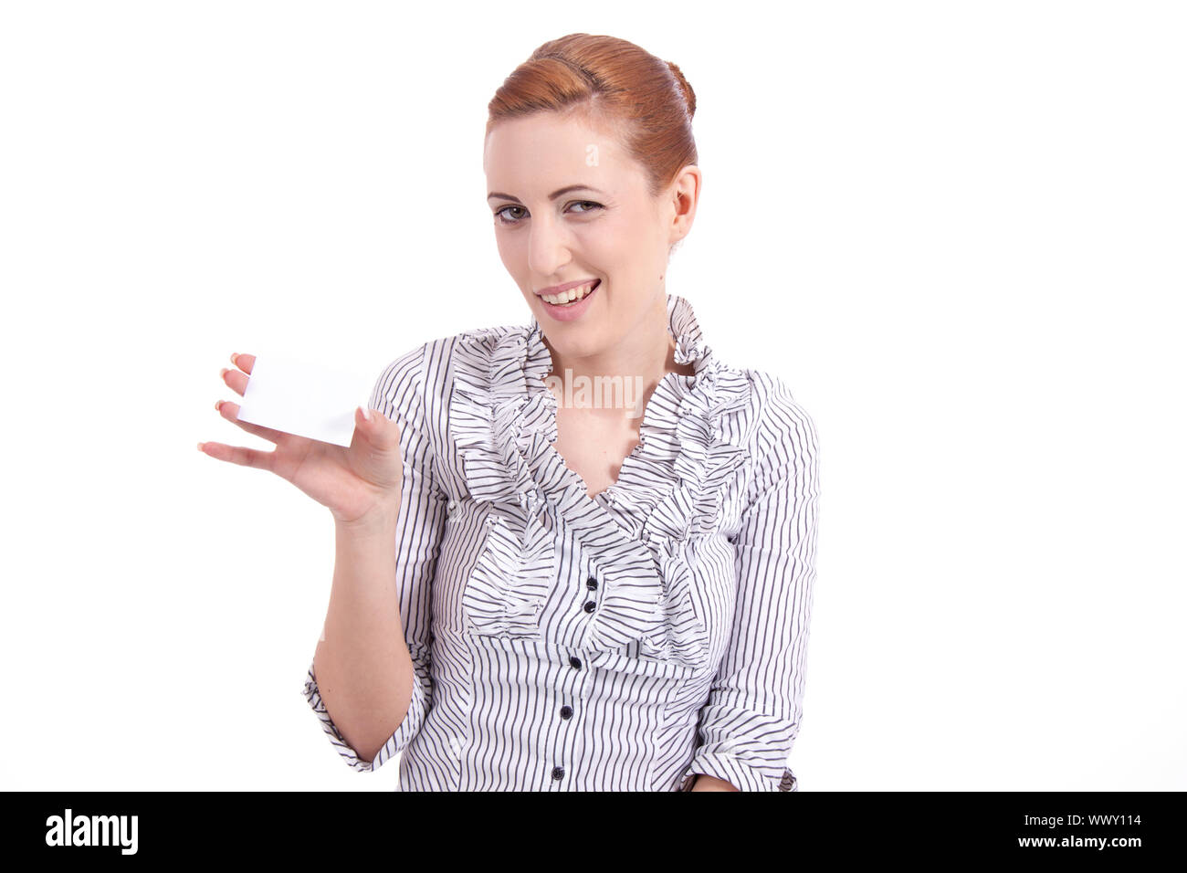 beautiful young girl is holding a blank card in hand isolated Stock ...