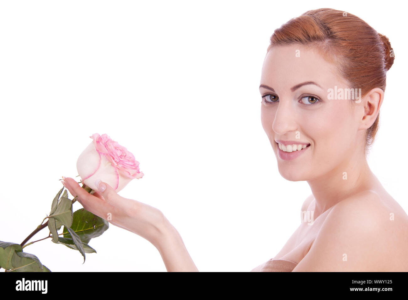beautiful young woman holding pink rose isolated Stock Photo - Alamy