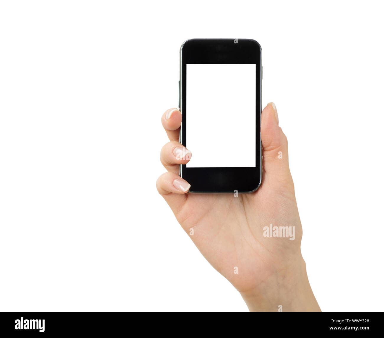 Hand holding mobile isolated on white Stock Photo - Alamy
