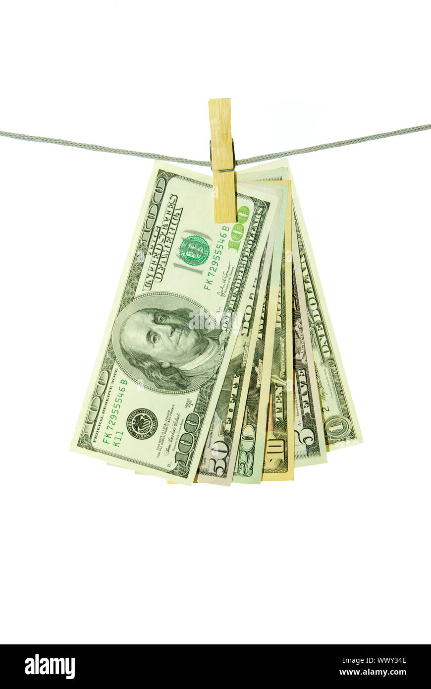 money hanging on a rope over white Stock Photo - Alamy