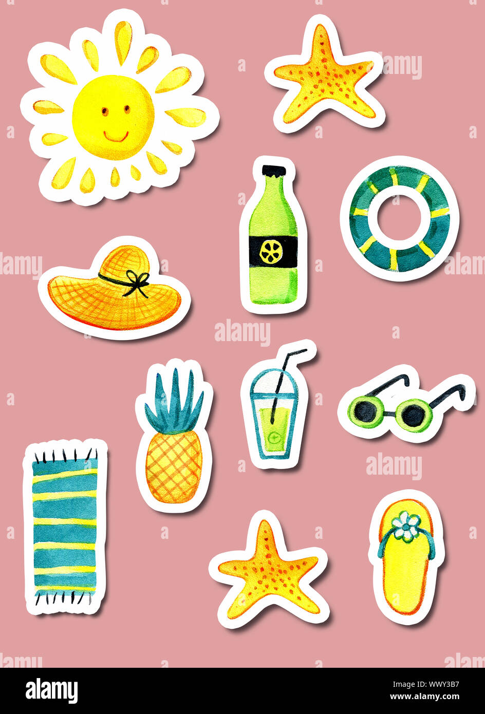 A set of isolated objects of summer theme watercolor Stock Photo - Alamy