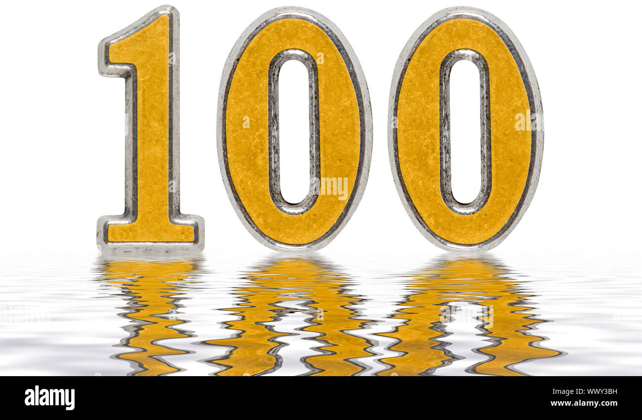 Numeral 100, one hundred, reflected on the water surface, isolated on ...