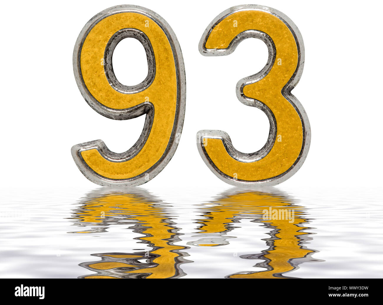 Numeral 93, ninety three, reflected on the water surface, isolated on ...