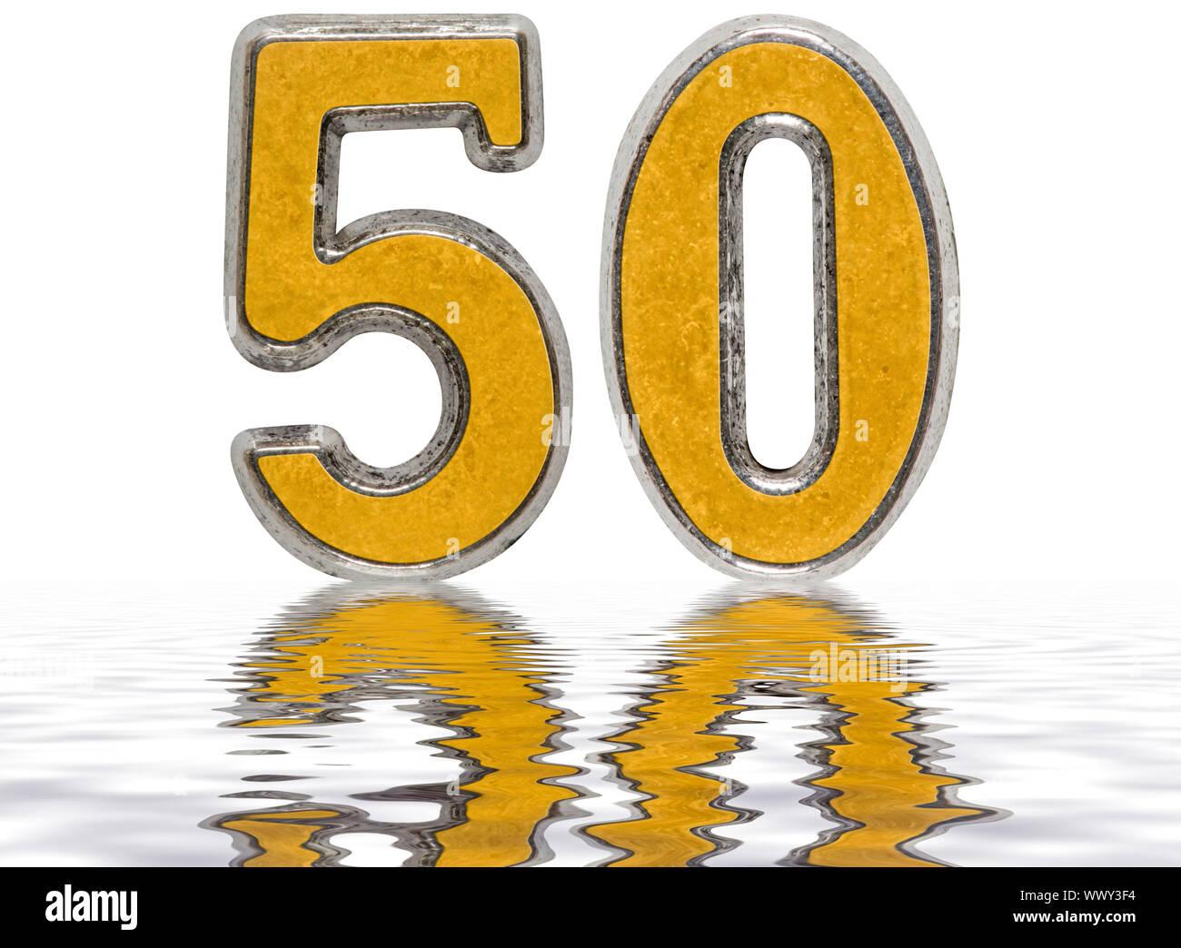 Numeral 50, fifty, reflected on the water surface, isolated on white ...