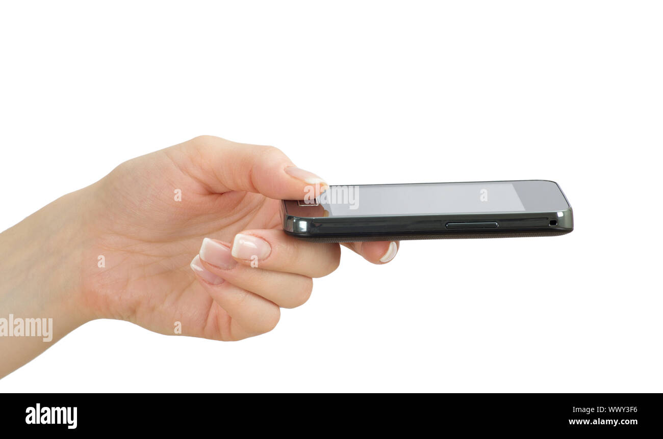 Hand holding mobile isolated on white Stock Photo - Alamy