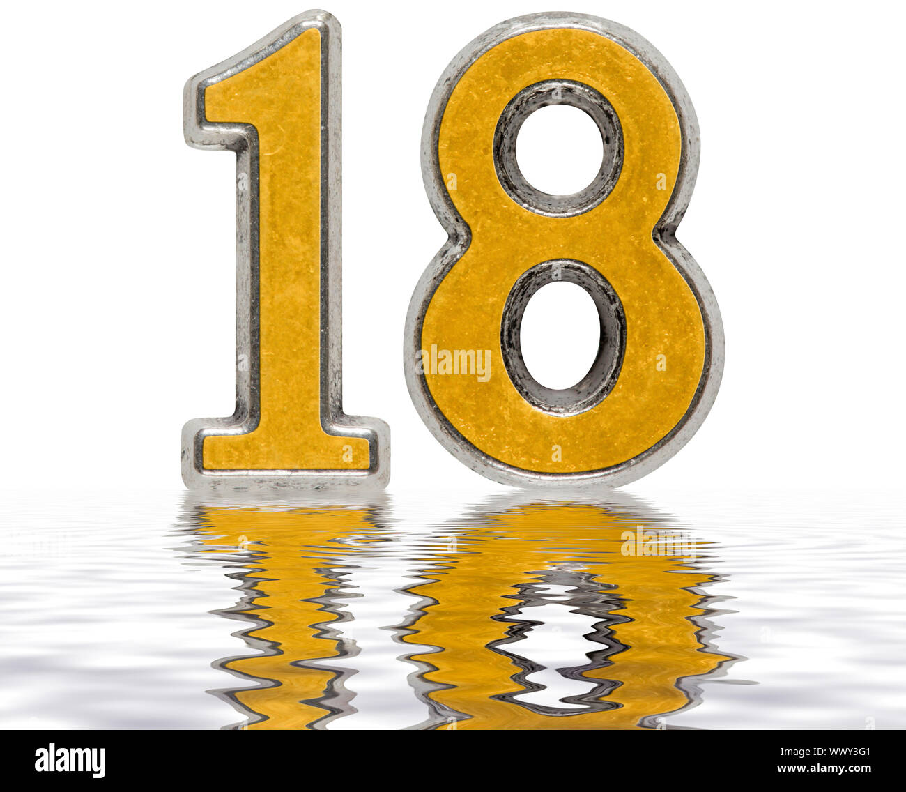 Numeral 18, eighteen, reflected on the water surface, isolated on white ...