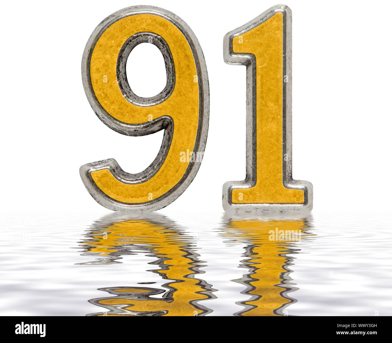 Numeral 91, ninety one, reflected on the water surface, isolated on ...