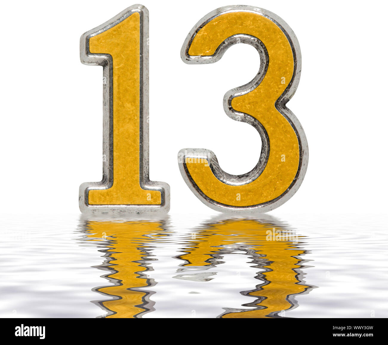 Numeral 13, thirteen, reflected on the water surface, isolated on white ...