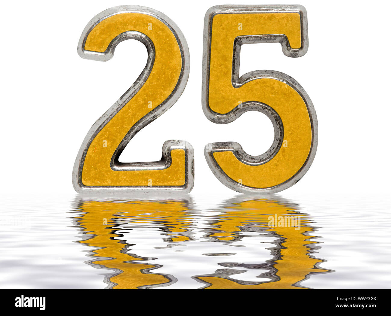 Numeral 25, twenty five, reflected on the water surface, isolated on ...