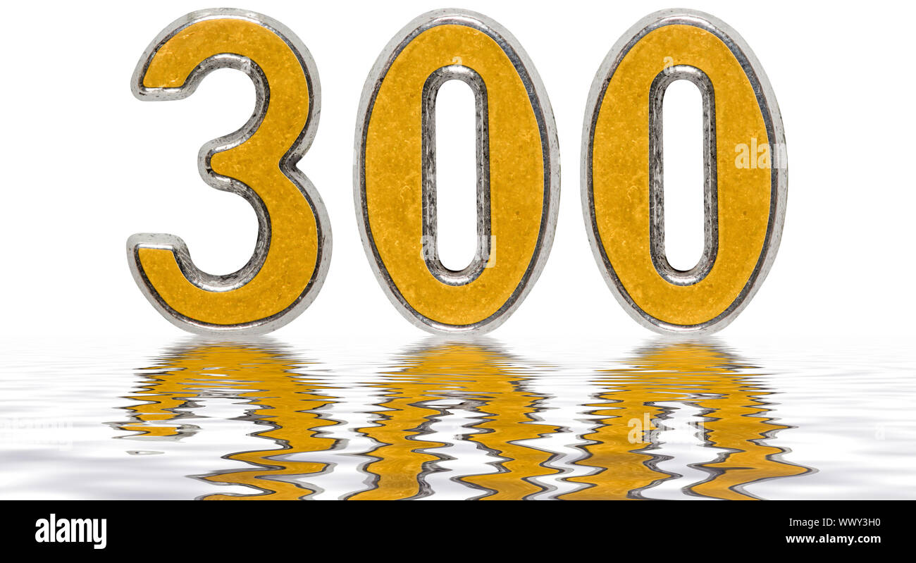 Numeral 300, three hundred, reflected on the water surface, isolated on ...