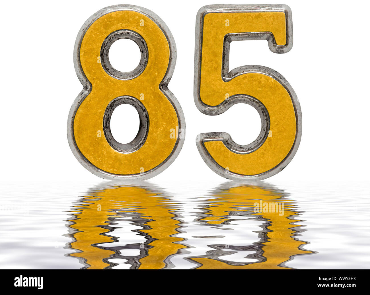 Numeral 85, eighty five, reflected on the water surface, isolated on ...