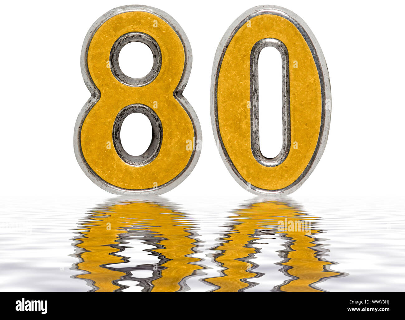 Numeral 80, eighty, reflected on the water surface, isolated on white ...