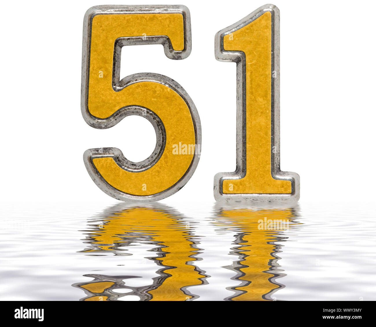 Numeral 51, fifty one, reflected on the water surface, isolated on ...