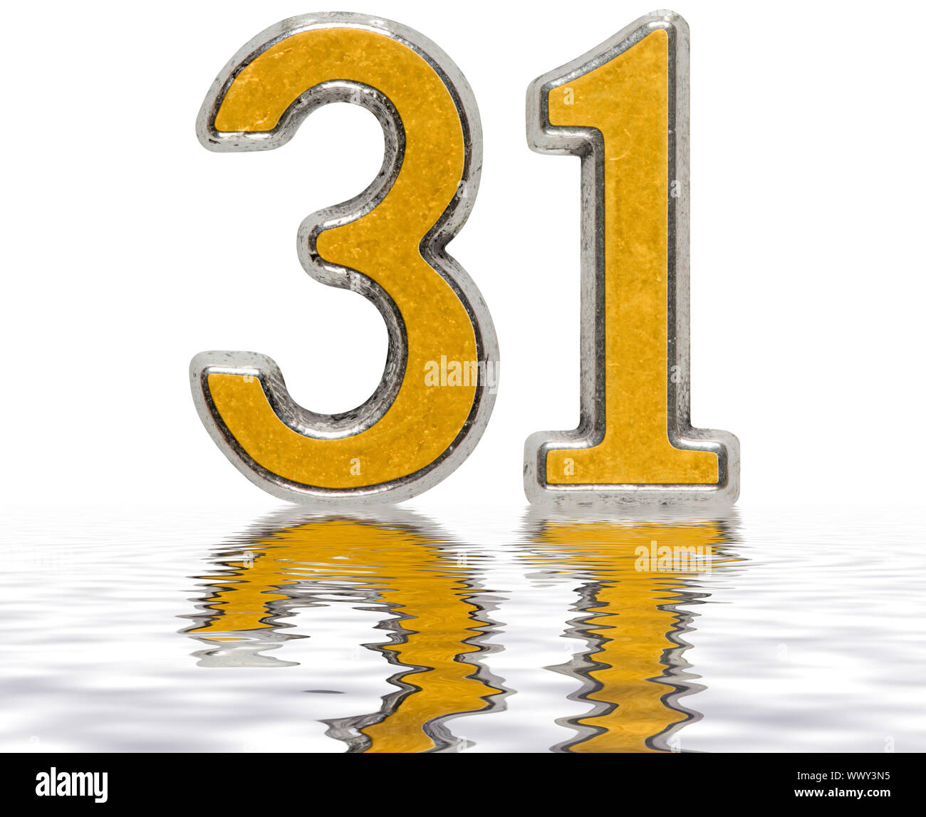 Numeral 31, thirty one, reflected on the water surface, isolated on ...