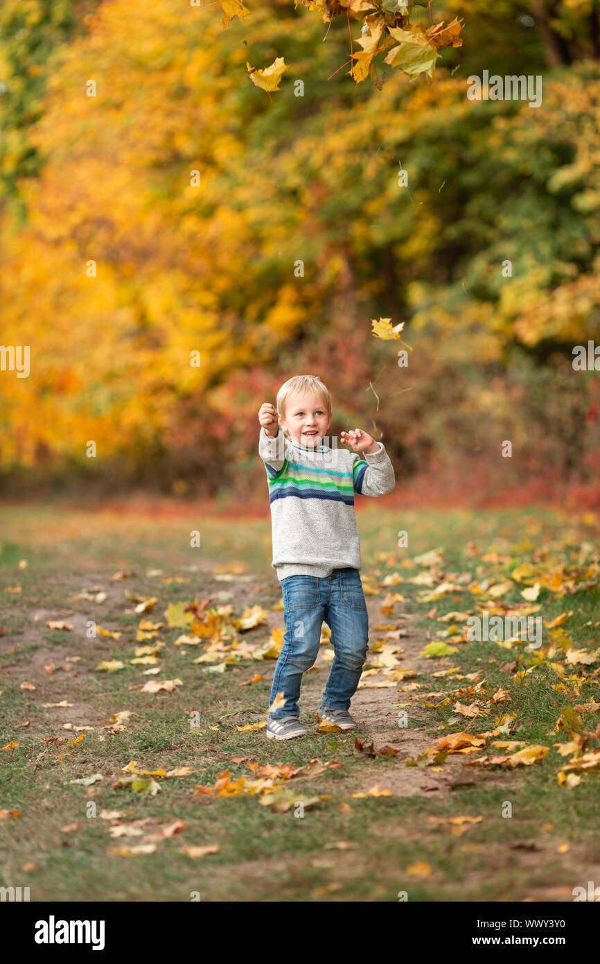 Boy jumping autumn leaves hi-res stock photography and images - Alamy