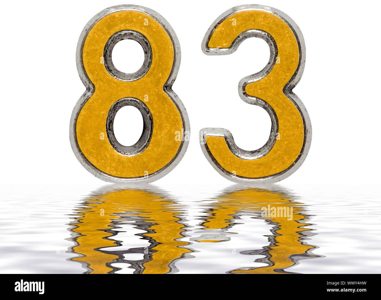Numeral 83, eighty three, reflected on the water surface, isolated on ...
