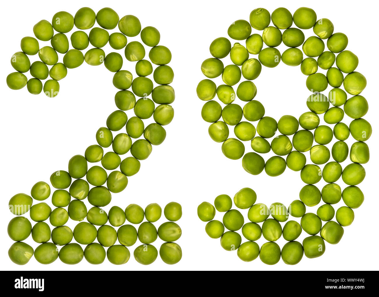 Arabic numeral 29, twenty nine, from green peas, isolated on white ...