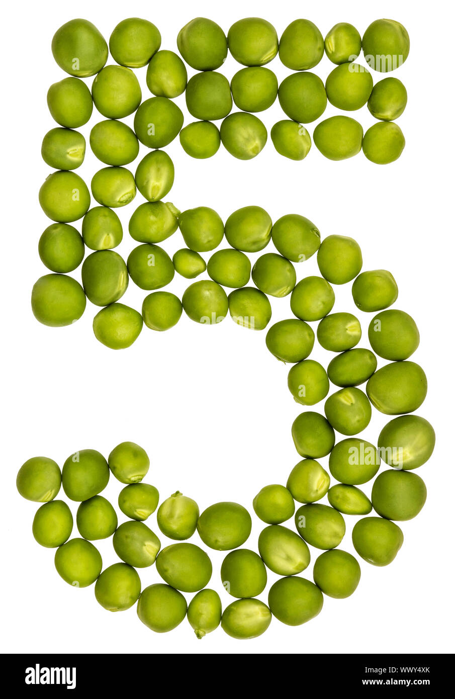 Arabic numeral 5, five, from green peas, isolated on white background ...