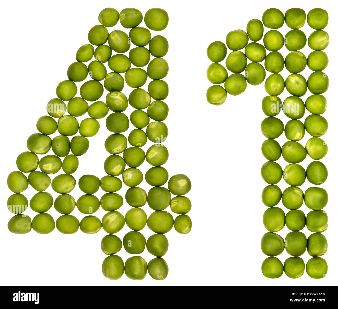 Arabic numeral 41, forty one, from green peas, isolated on white ...