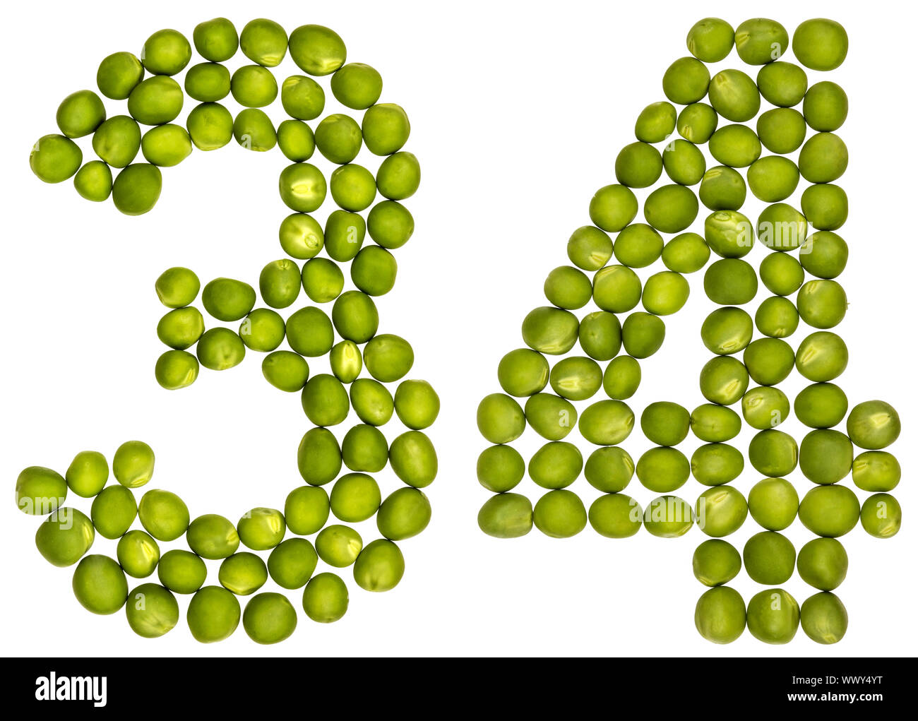 Arabic numeral 34, thirty four, from green peas, isolated on white ...