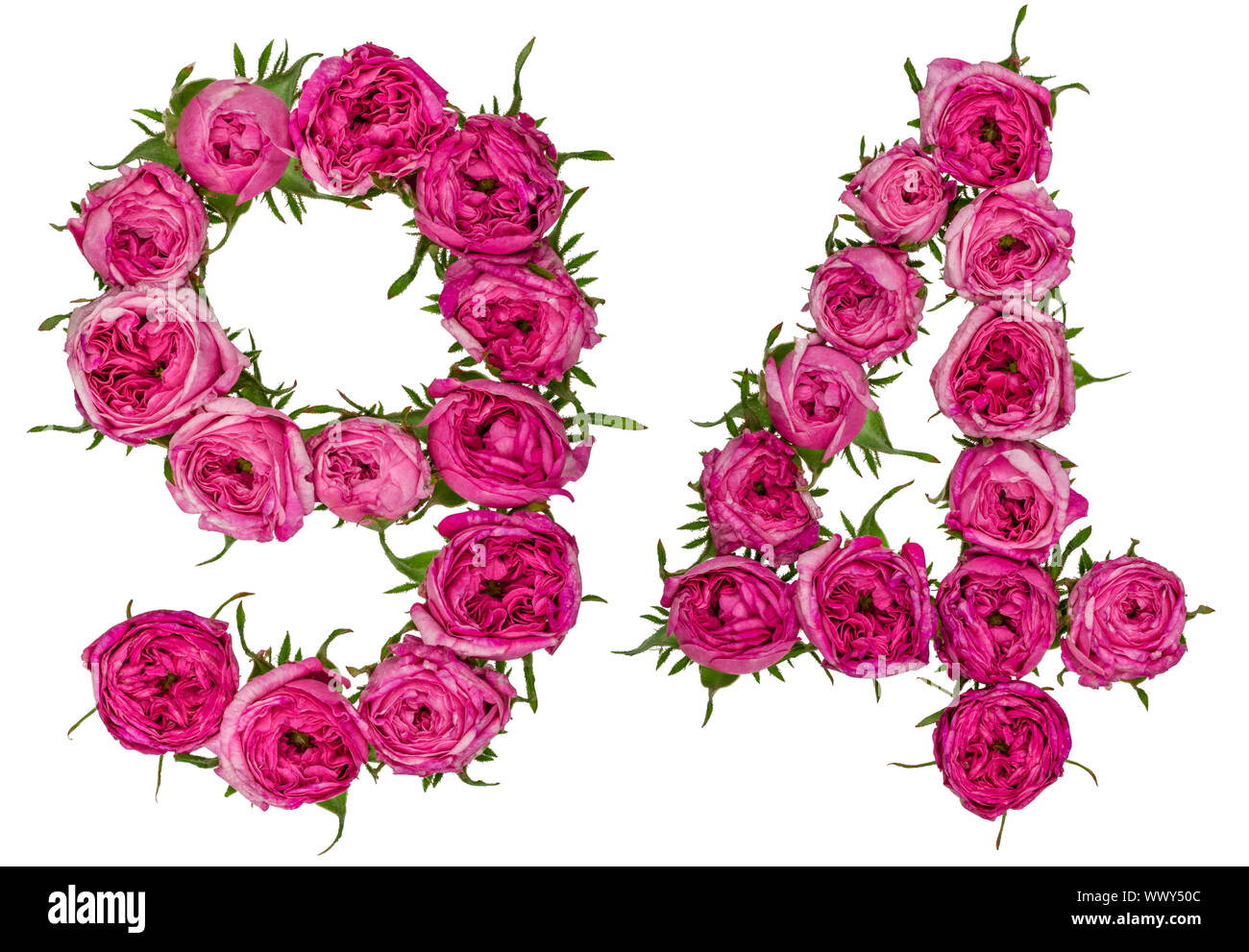 Arabic numeral 94, ninety four, from red flowers of rose, isolated on ...