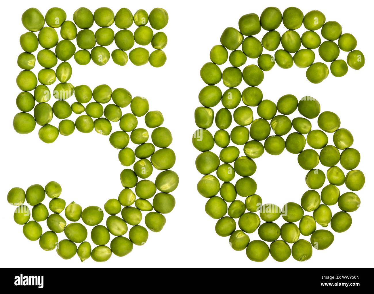Arabic numeral 56, fifty six, from green peas, isolated on white ...