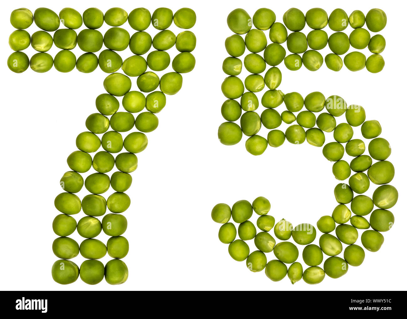 Arabic numeral 75, seventy five, from green peas, isolated on white ...