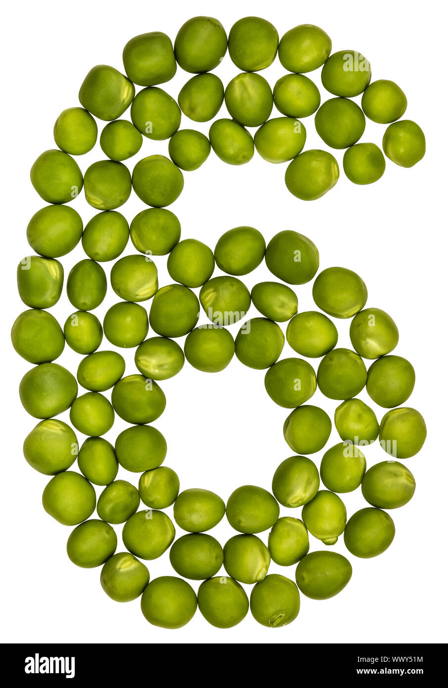 Arabic numeral 6, six, from green peas, isolated on white background ...