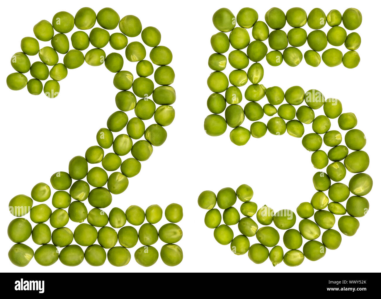 Arabic numeral 25, twenty five, from green peas, isolated on white ...
