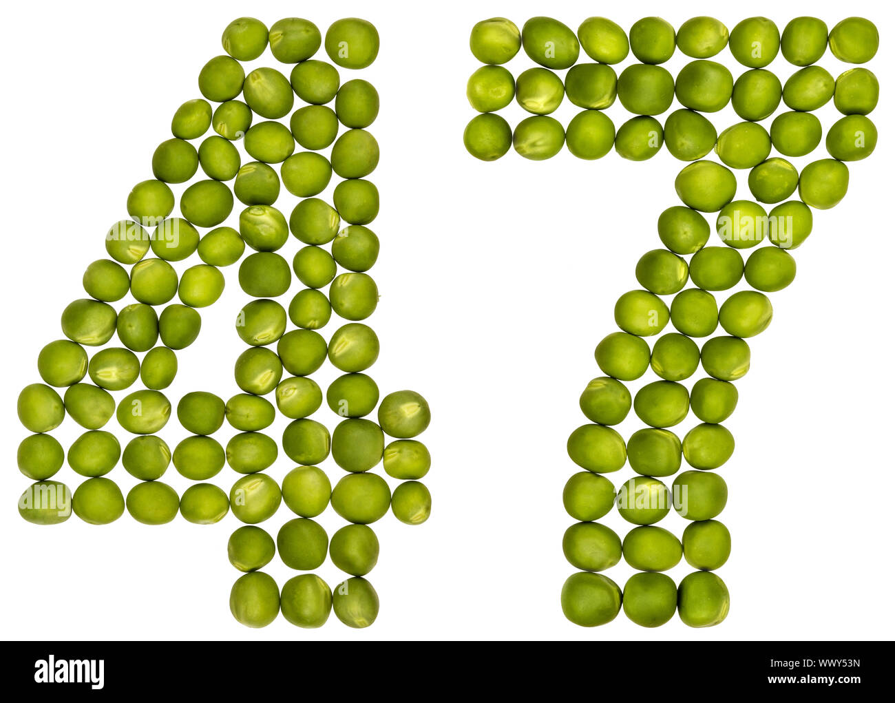 Arabic numeral 47, forty seven, from green peas, isolated on white ...
