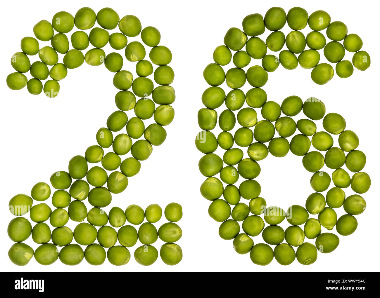 Arabic numeral 26, twenty six, from green peas, isolated on white ...