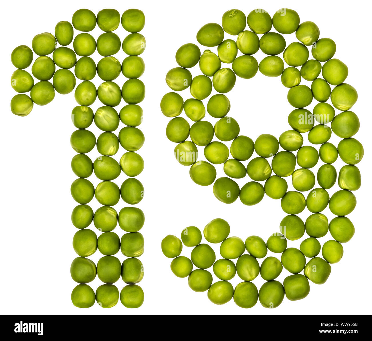 Arabic numeral 19, nineteen, from green peas, isolated on white ...